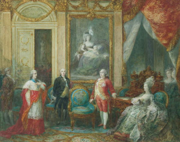 Louis XVI and his wife Marie Antoinette receiving a cardinal posters ...