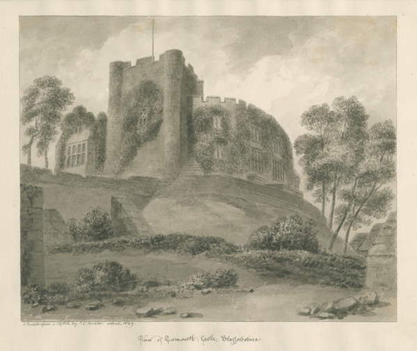 Tamworth Castle: sepia drawing, Apr 1849 posters & prints by John Buckler