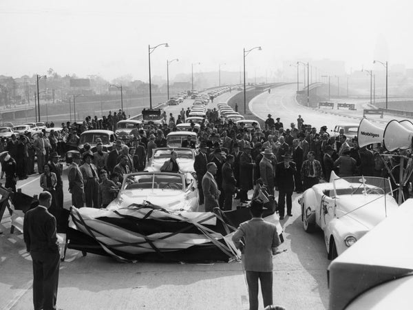 Freeway opening, possibly the Ventura Freeway in Los Angeles ...