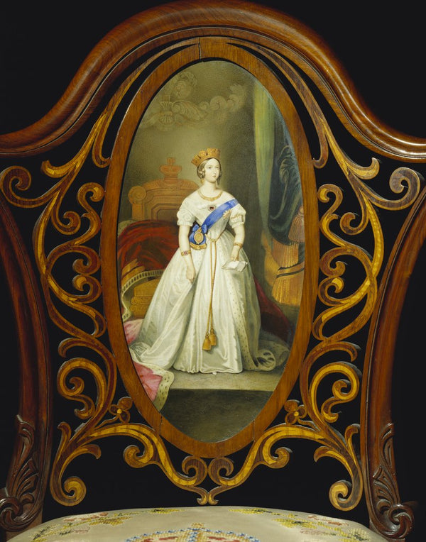 Queen Victoria depicted on a drawing room chair, detail posters ...