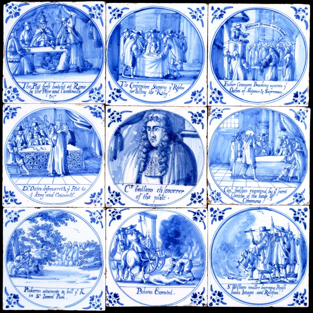 Nine tiles depicting the Popish Plot. London, England, late 17th ...