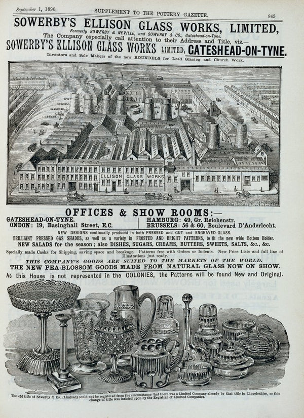 Advertisement for Sowerby's Ellison Glass Works. London, England, 1890 ...