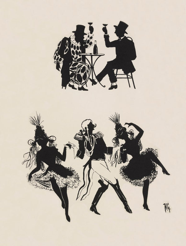 Silhouettes of two gentlemen seated at a table and three figures ...