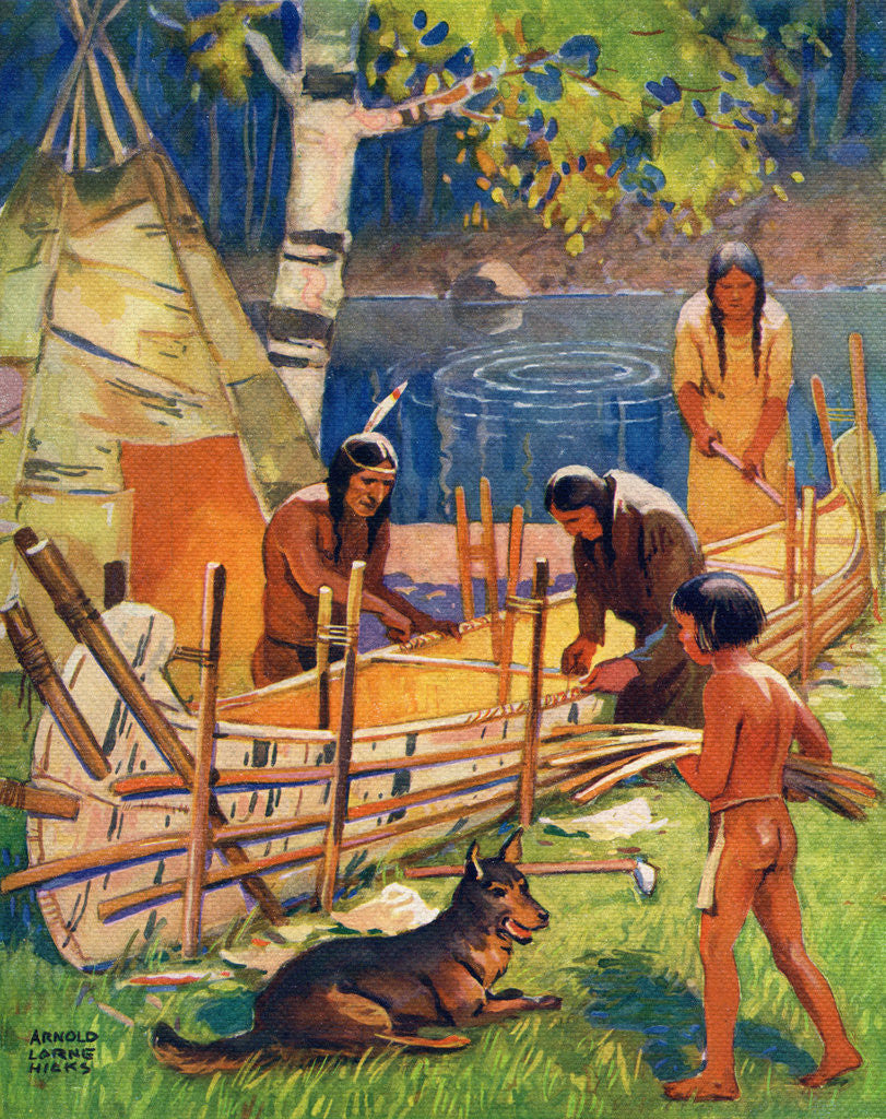 Illustration of Native Americans making canoe posters & prints by ...