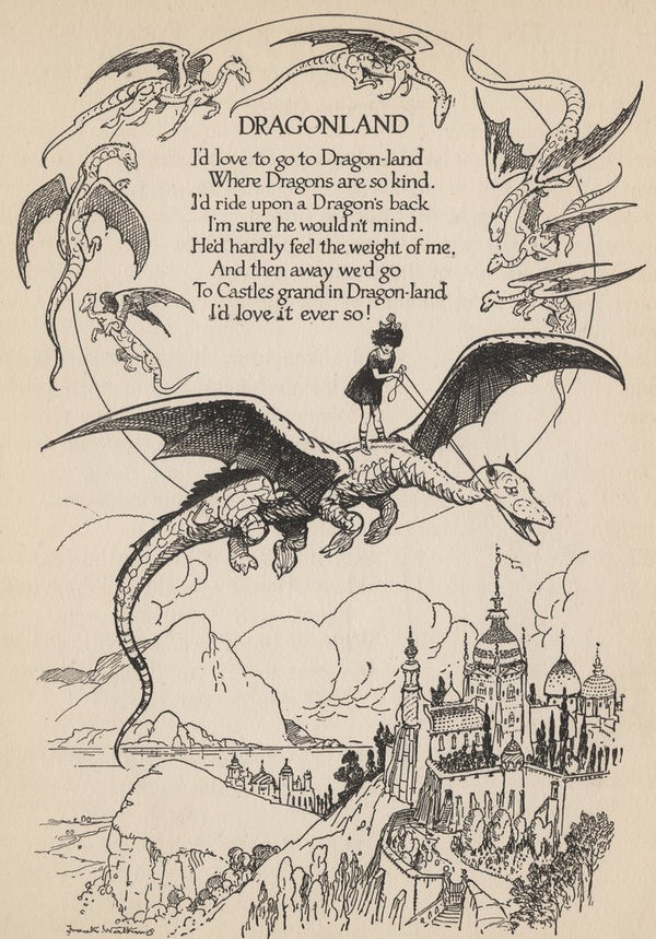 Illustration of girl riding flying dragon posters & prints by Anonymous