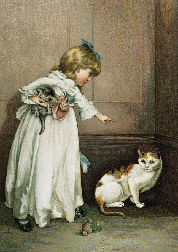 Illustration of a Little Girl Scolding a Cat posters & prints by Anonymous